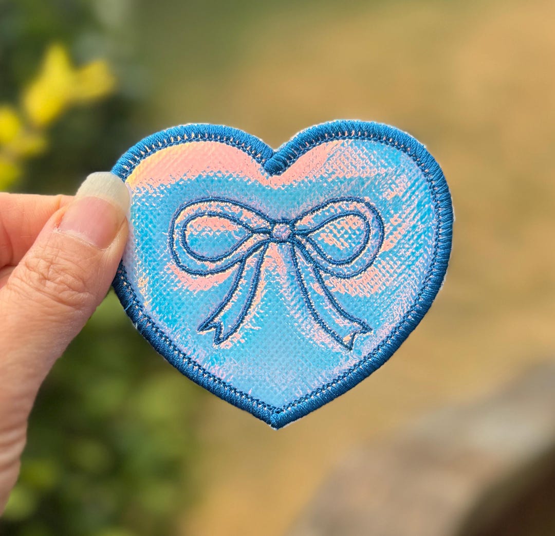 Holographic Embroidered Heart Patch With Bow - Cute & Shiny Accent ...