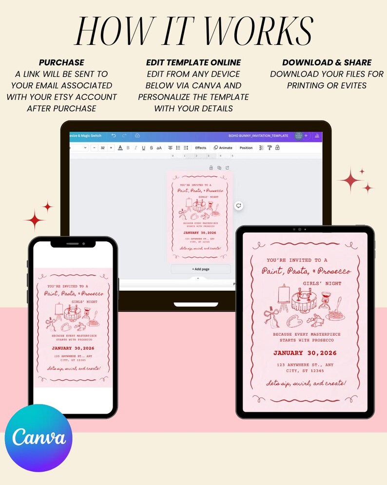 Paint Pasta Prosecco Invitation | Girls Night Canva Template (digital ...