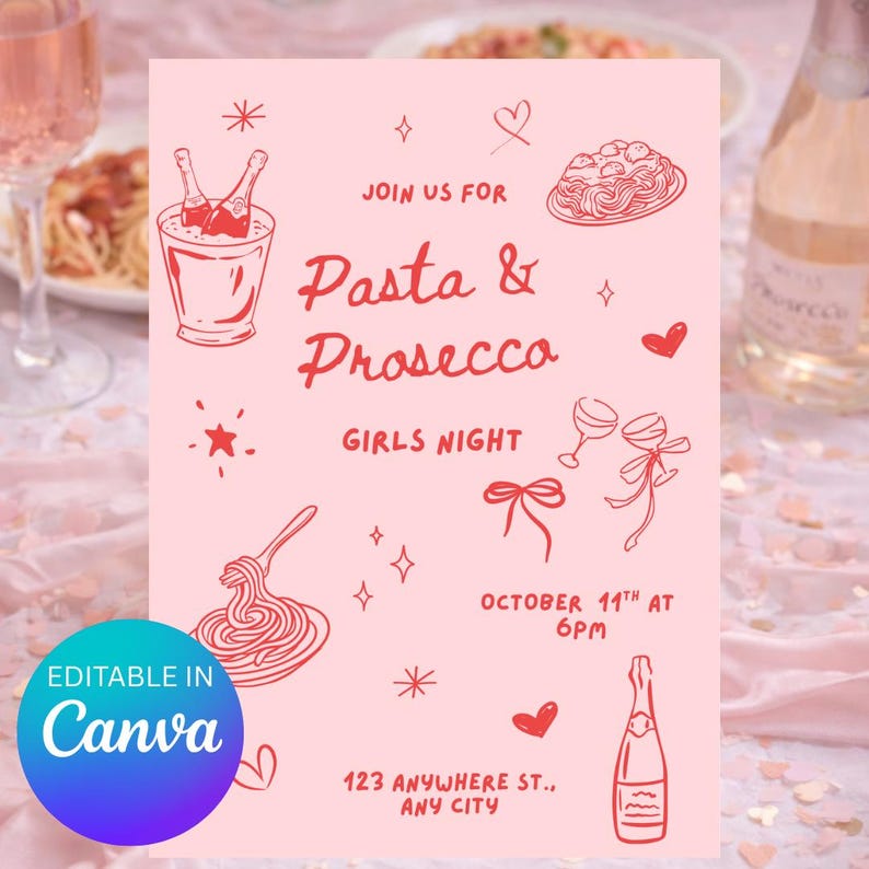 Pasta & Prosecco Girls Night Invitation | Editable Canva Invite ...
