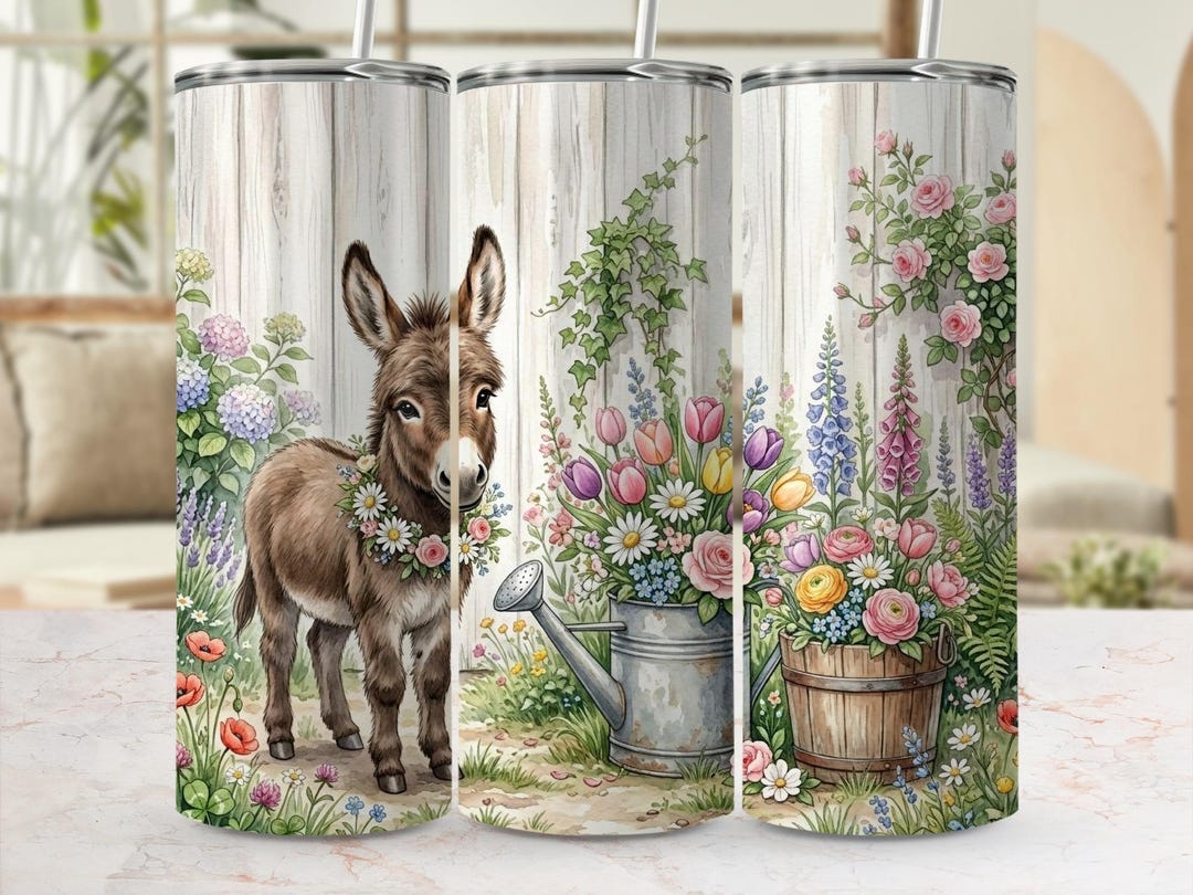 Watercolor Donkey Garden Tumbler Wrap, Cottagecore Spring Flowers PNG ...