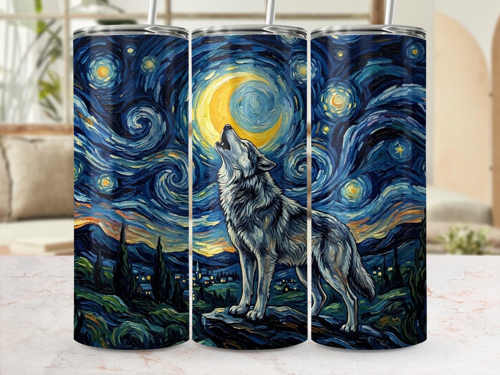 Starry Night Wolf Tumbler Wrap, Van Gogh Inspired Howling Wolf Design ...