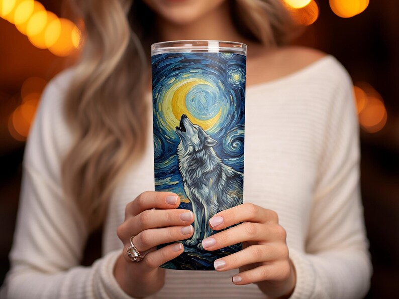 Starry Night Wolf Tumbler Wrap, Van Gogh Inspired Howling Wolf Design ...