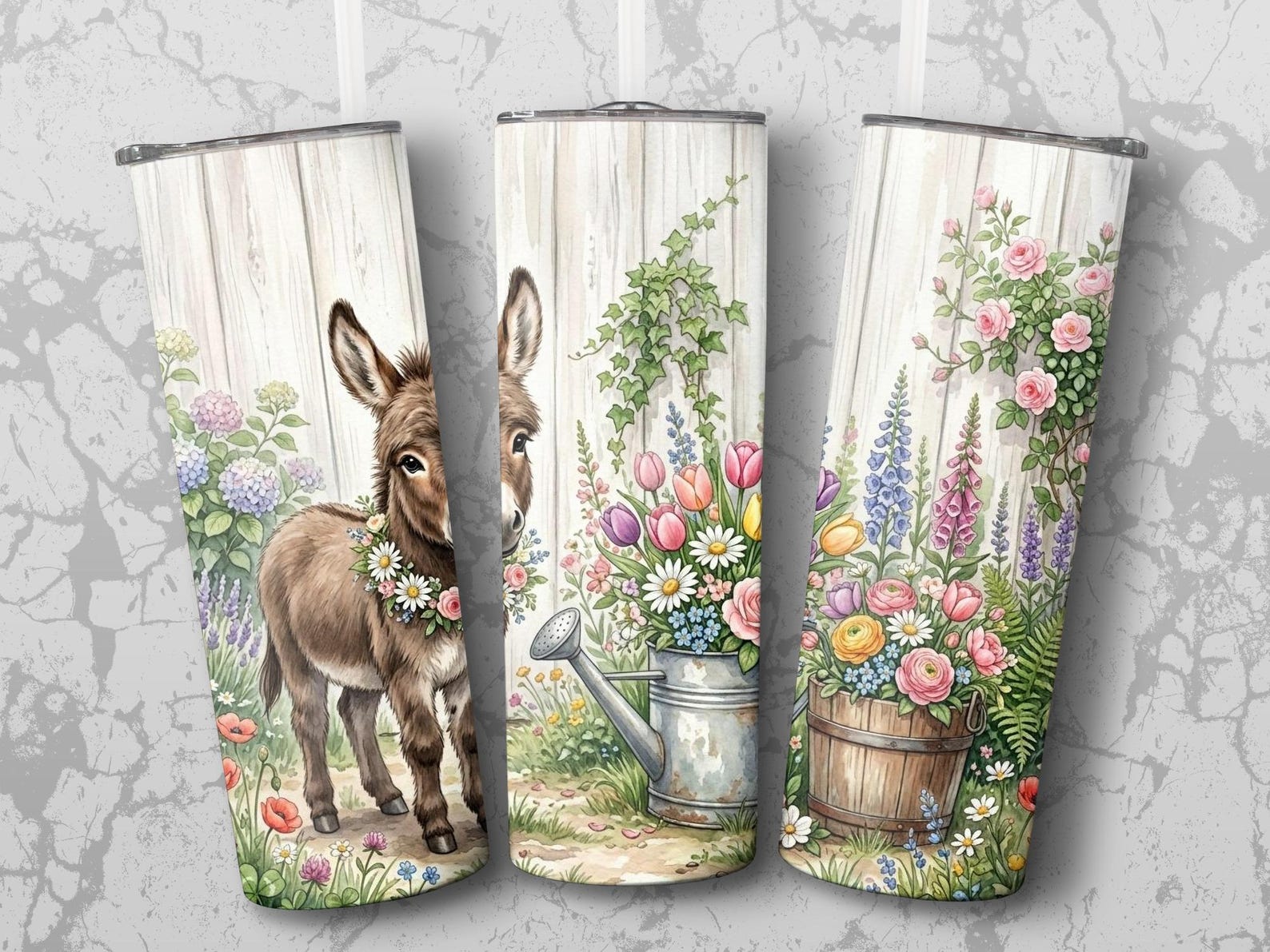 Watercolor Donkey Garden Tumbler Wrap, Cottagecore Spring Flowers PNG ...