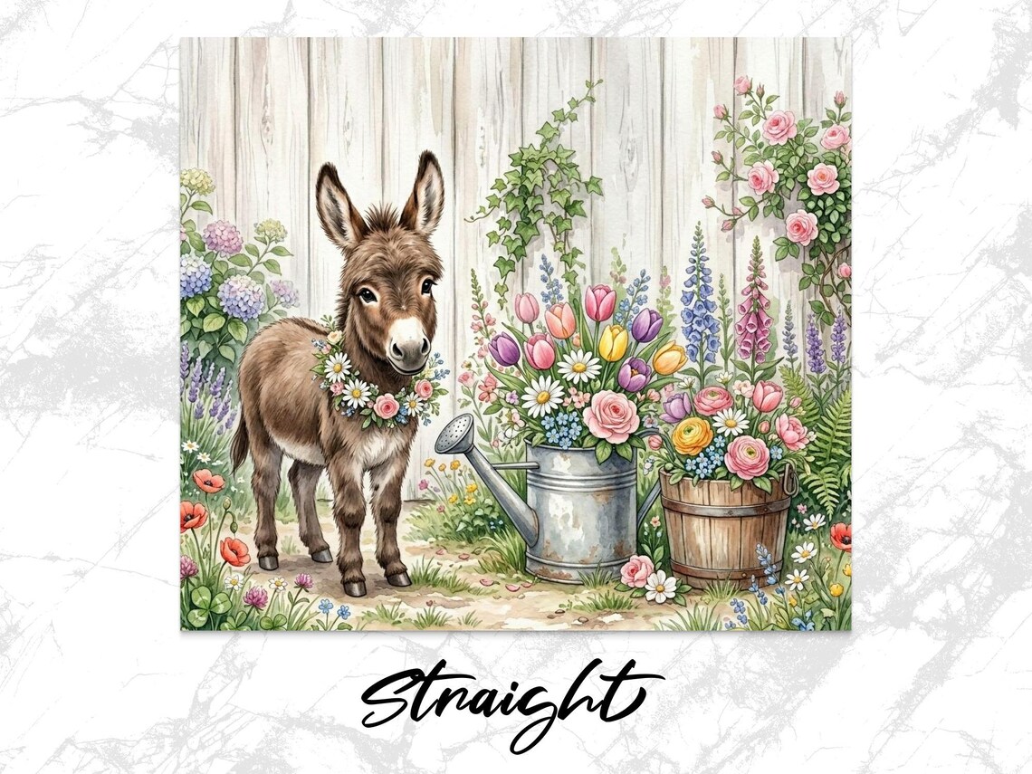 Watercolor Donkey Garden Tumbler Wrap, Cottagecore Spring Flowers PNG ...