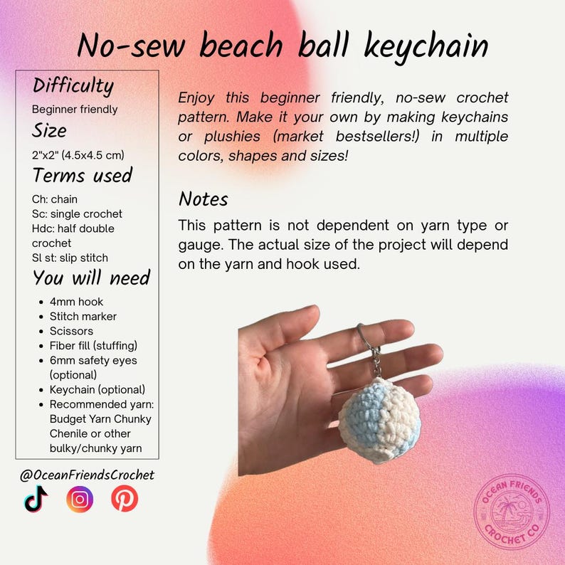 No-sew Beach Ball Crochet Pattern: Amigurumi Keychain Plushie (PDF ...