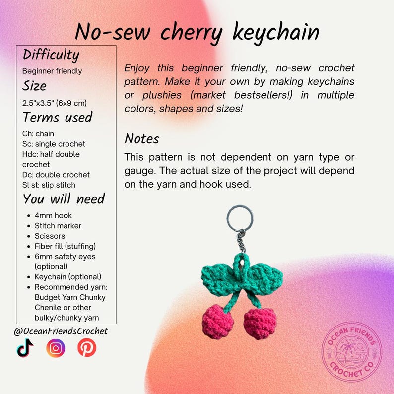 No-sew Cherry Keychain Crochet Pattern: Beginner Amigurumi (PDF Pattern ...