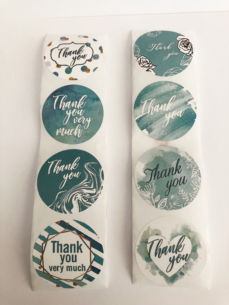 1.5 Inch Teal Blue Floral Thank You Stickers, 8 Designs, Black/white ...