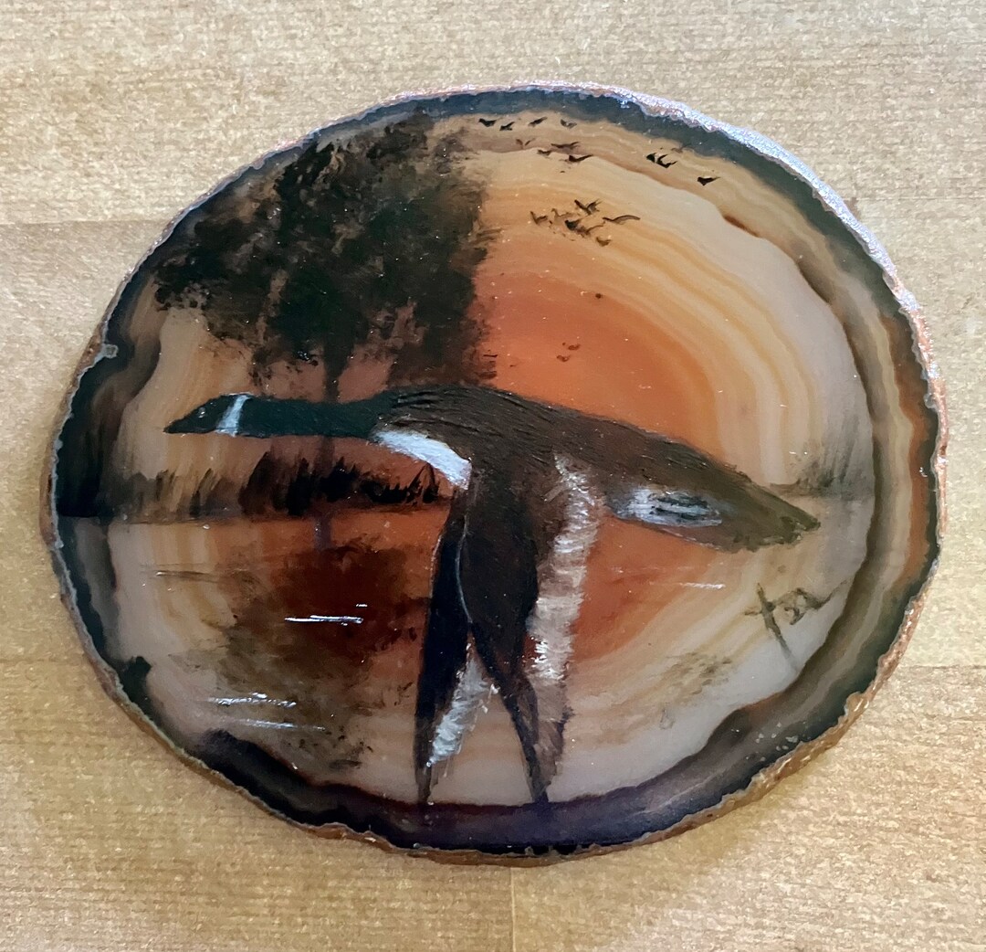 Hand Painted Geode Canadian Goose Red Agate Slice, Gemstone Home Decor ...