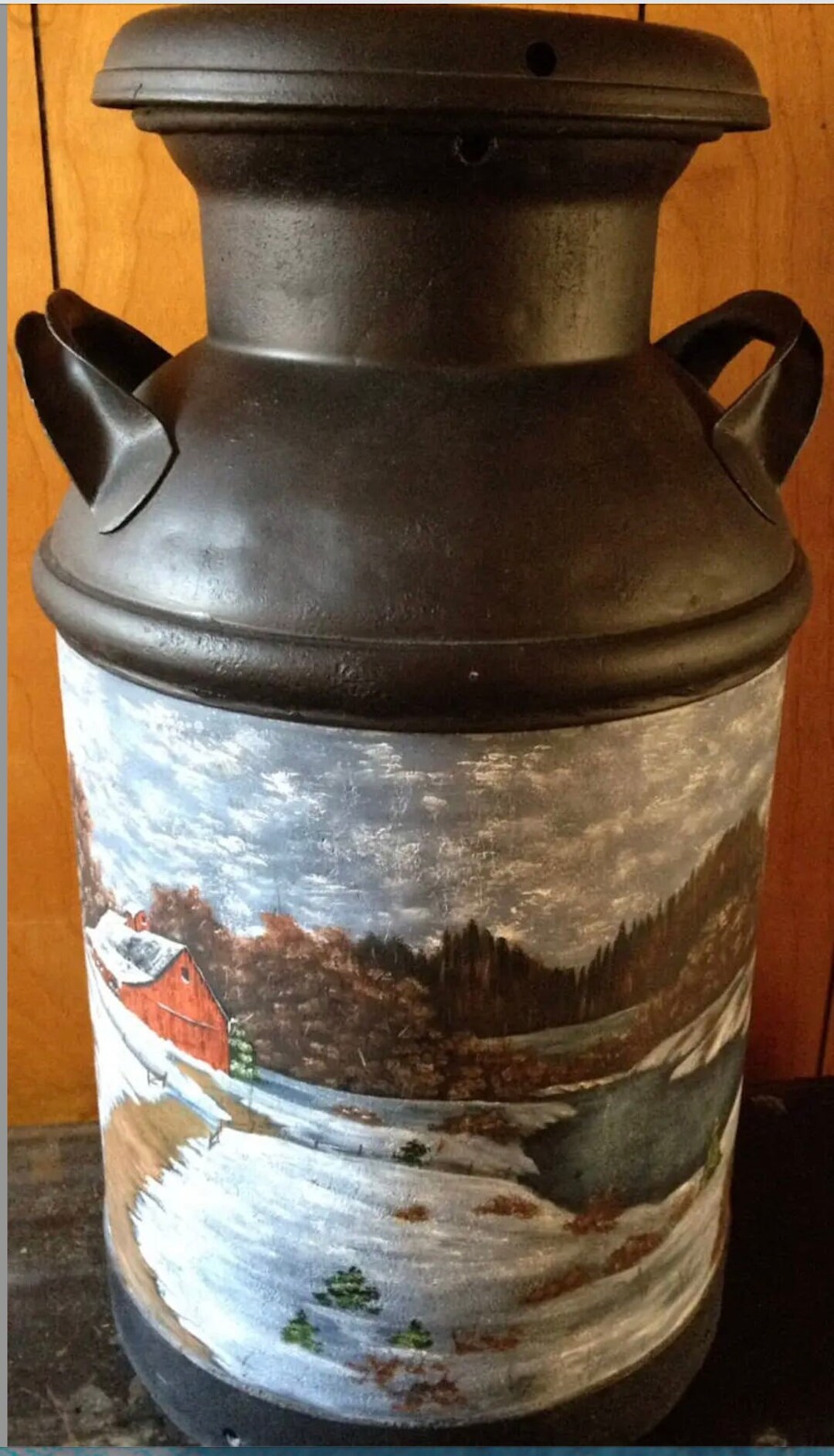 Hand Painted Winter Country Farm Milk Can, Metal Art, Oil Painting ...