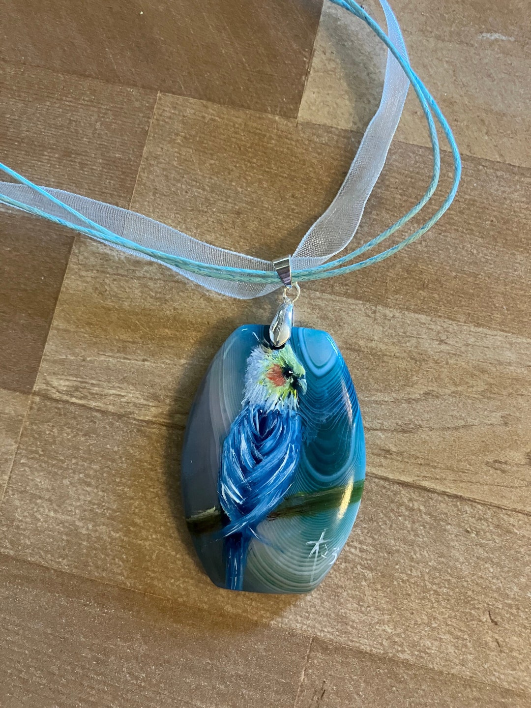 Hand Painted Geode Cockatiel Agate Rectangular Slice Pendant, Gemstone ...
