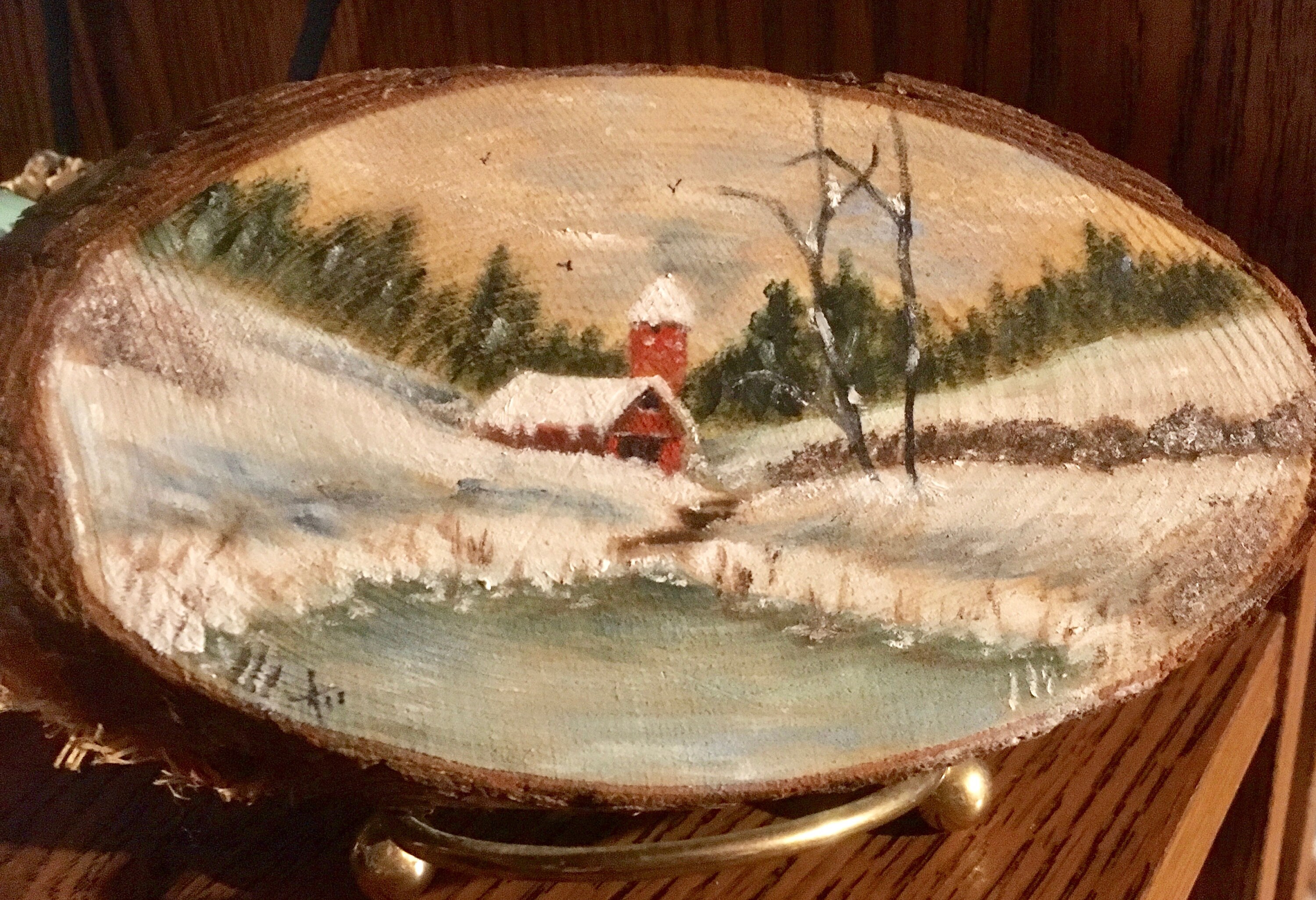 Custom Order Hand Painted Winter Scene Oil Painting on Wood Slice With ...