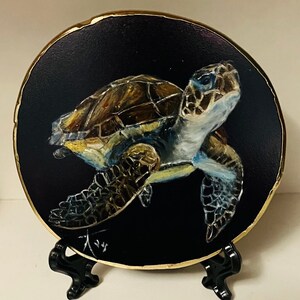 CUSTOM ORDER Sea Turtle Hand Painted on A Blue Brazilian Slice/slab ...
