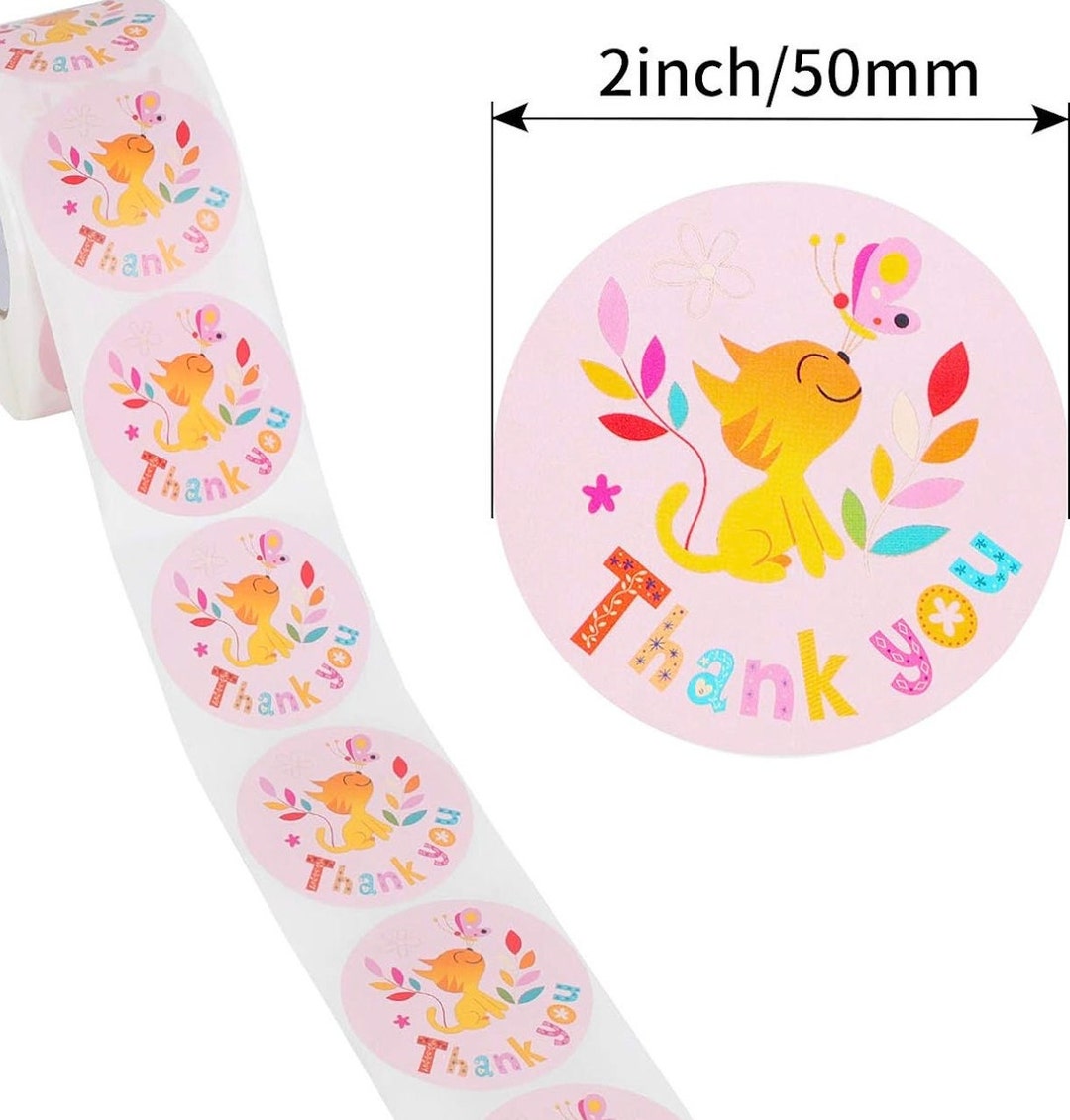 2in Pink Thank You Stickers With A Cat and Rainbow Lettering, Business ...