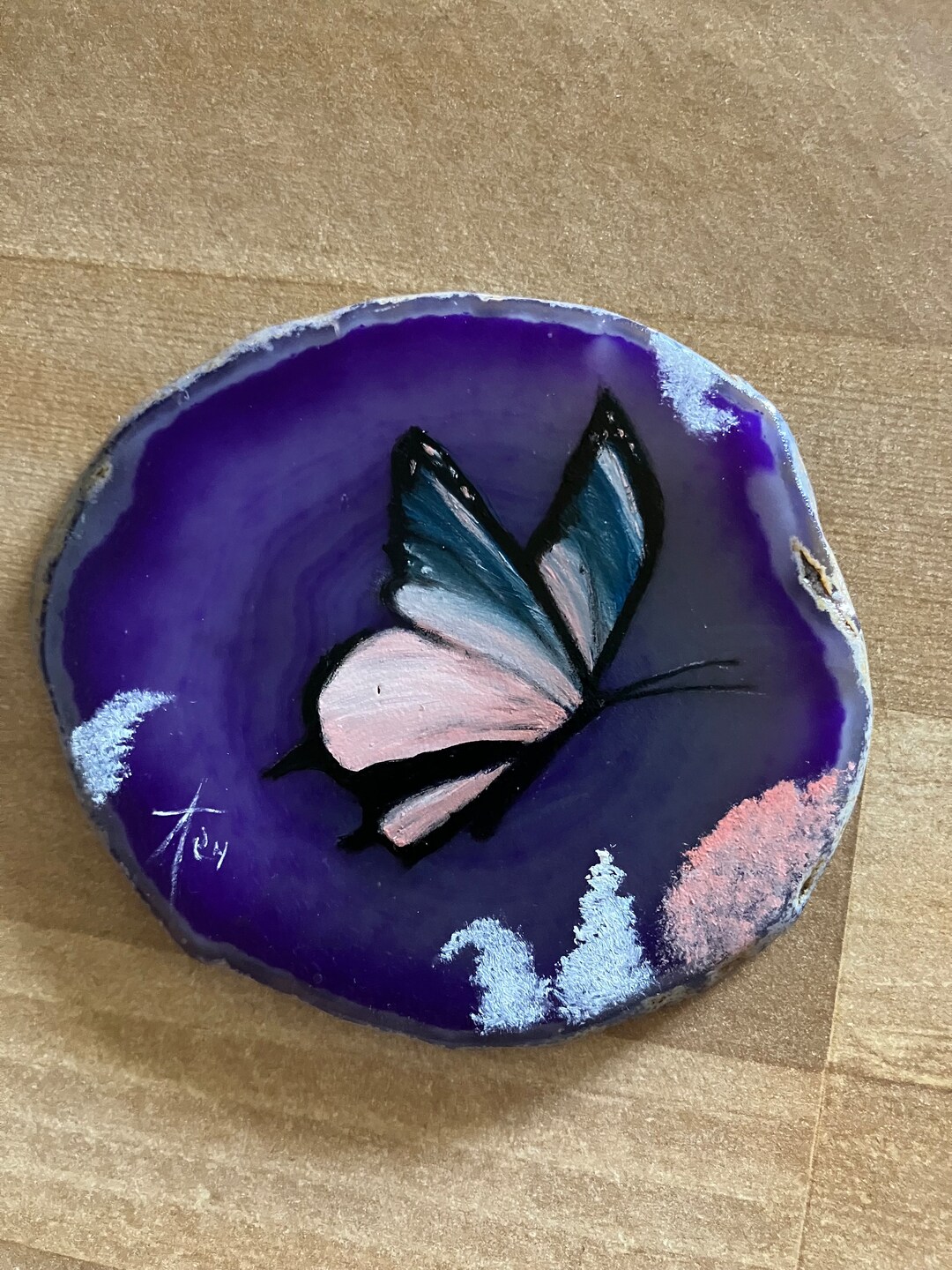 Hand Painted Geode Pink/blue Butterfly Purple Agate Slice, Gemstone ...