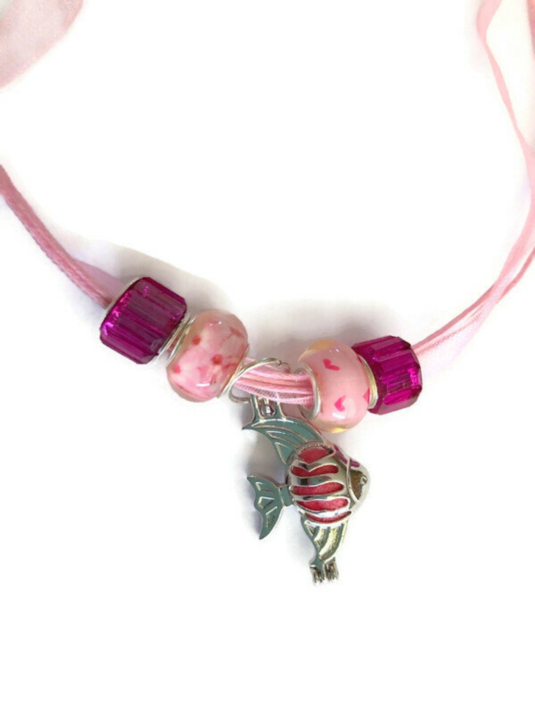 Miniature Pink and Silver Fish Charm Necklace on Pale Pink Organza Cord ...