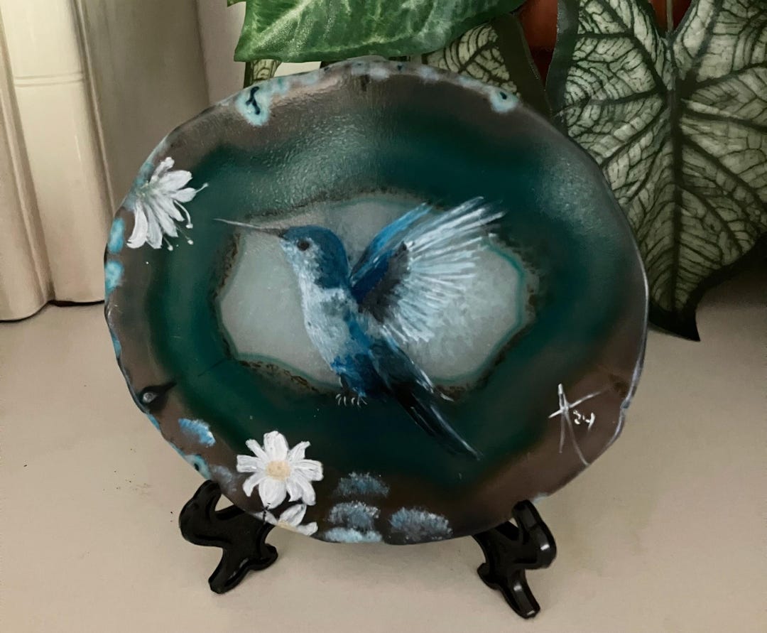 Teal Hummingbird Custom Order Hand Painted on A Teal Druzy Geode Slab ...