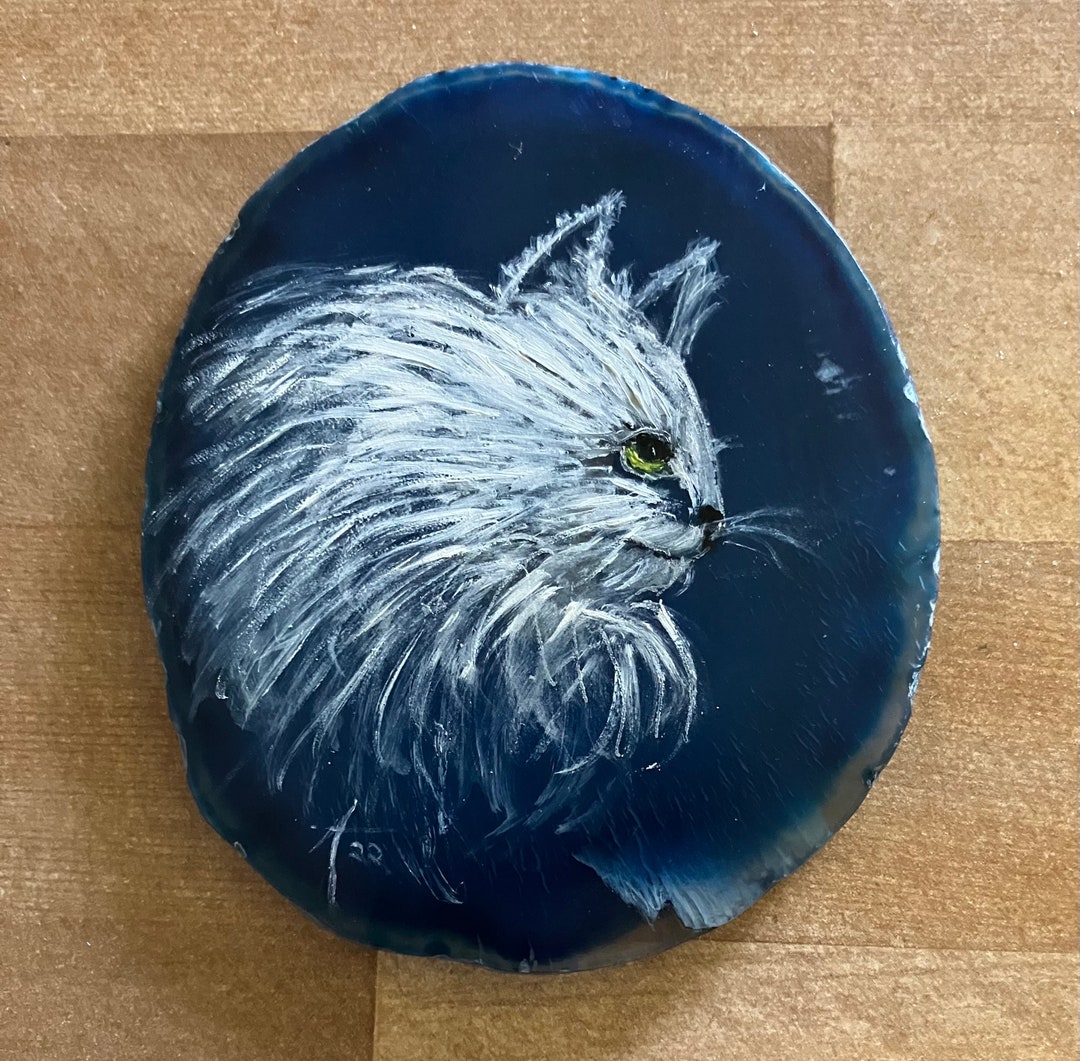 Hand Painted Geode Blue Slice With a White Cat, Oil Painting ...