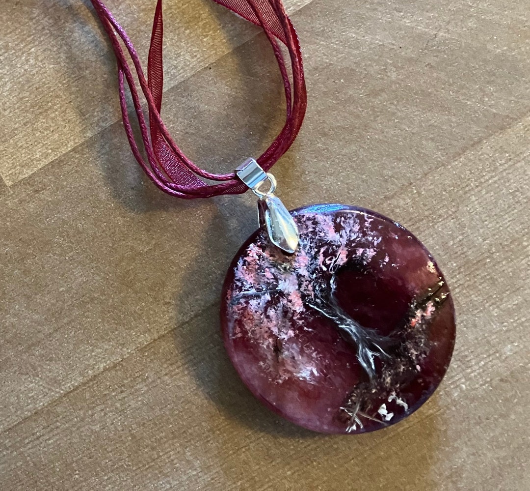 Hand Painted Geode Tree of Life on Dark Rose Reddish Brown Druzy Round ...