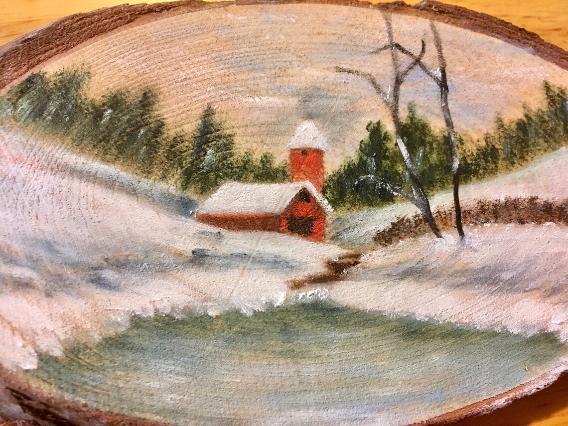 Custom Order Hand Painted Winter Scene Oil Painting on Wood Slice With ...