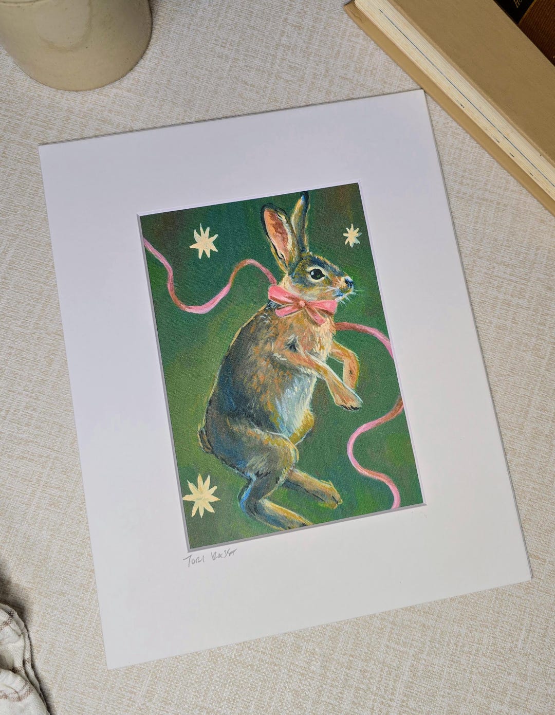 Jumping Rabbit Art Print – 5x7” Hare on Green Background – Matted to ...