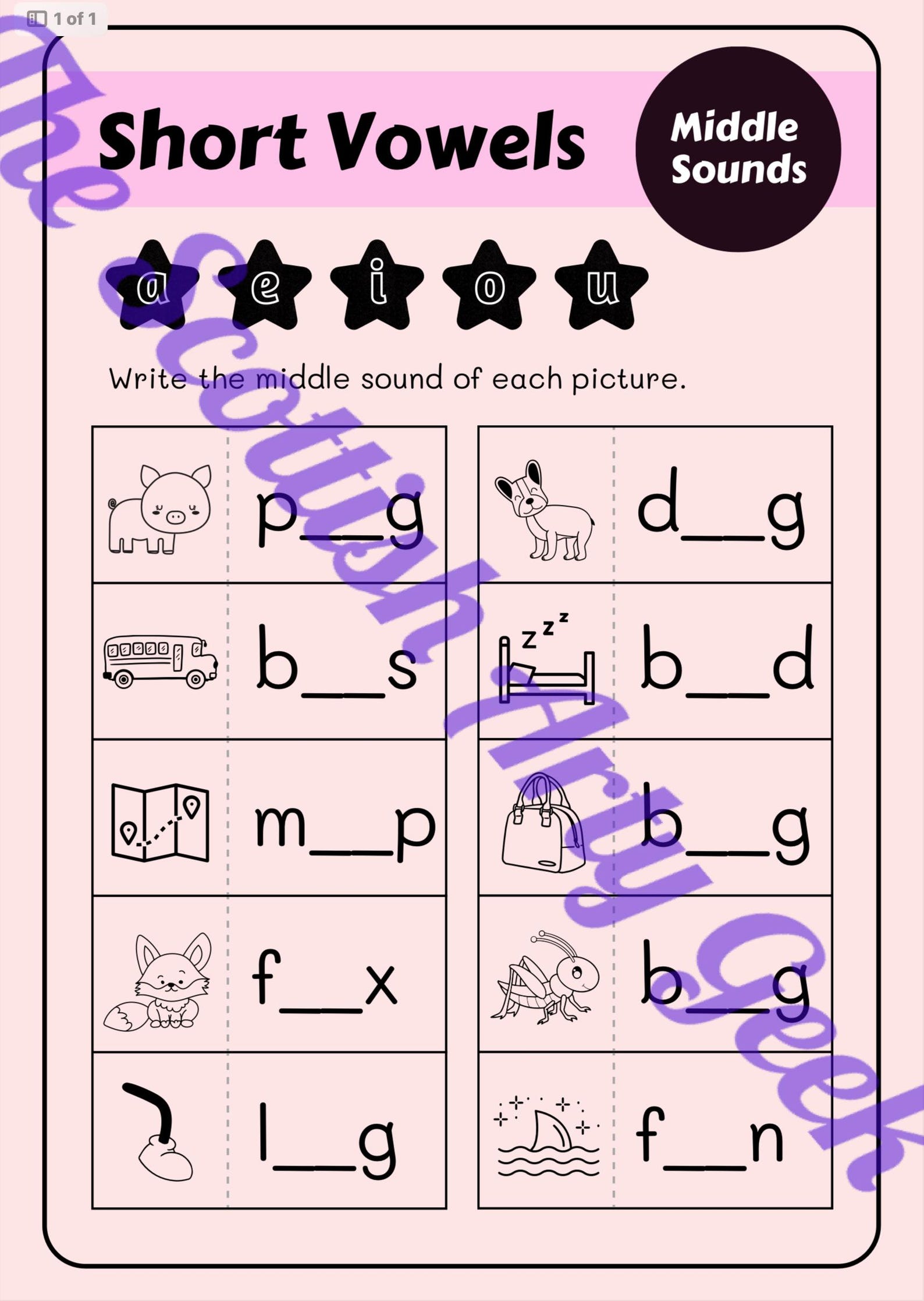 Printable Short Vowels Work Sheet in Pink - Etsy