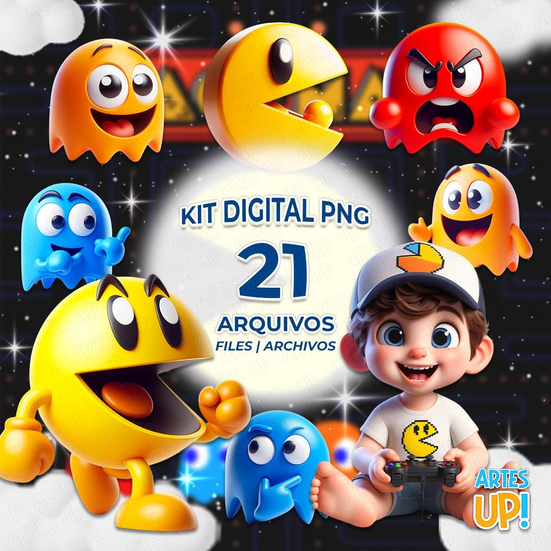 Pac-man Clipart Pack With Mascot PNG | Digital Kit PNG Pac-man Boy ...