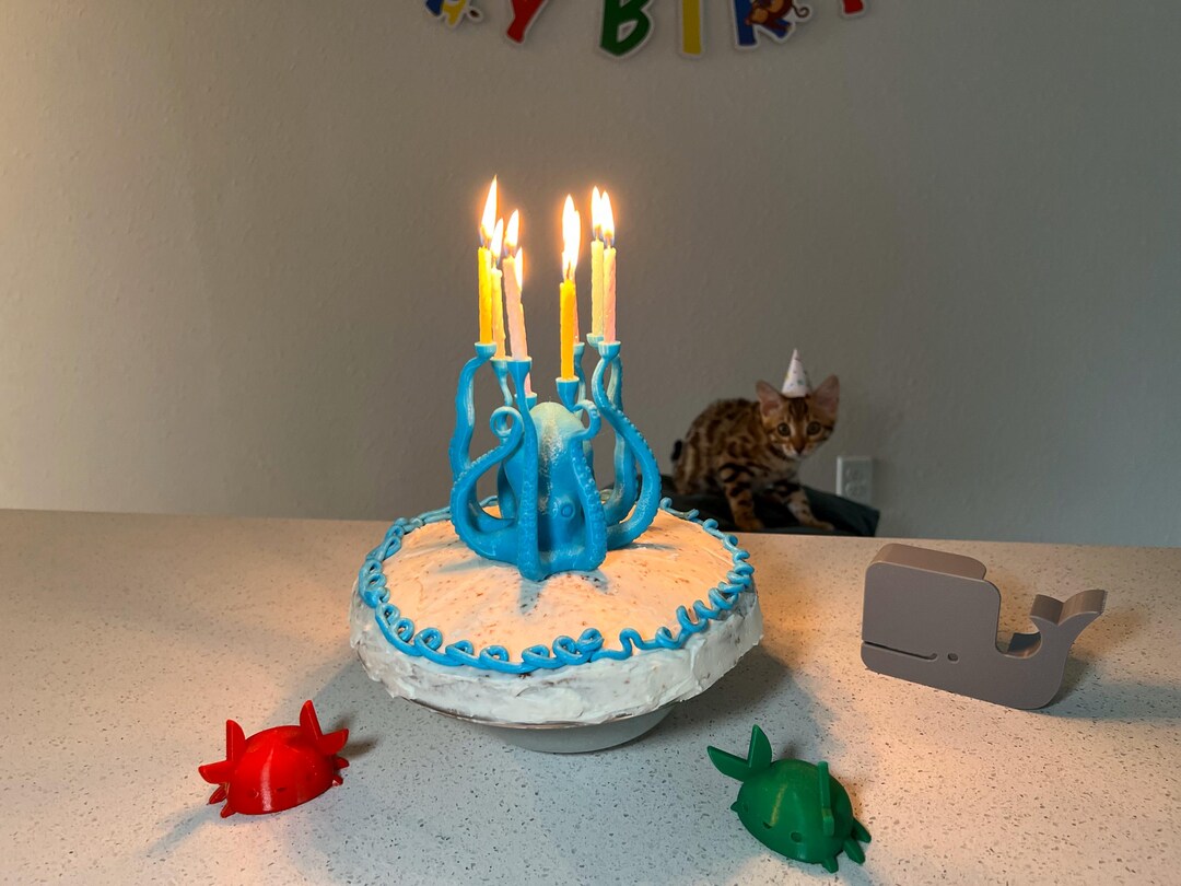Adorable 3D Printed Octopus Cake Topper Holding 8 Birthday Candles in ...