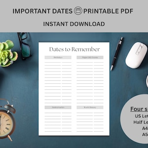 Important Dates Printable, Birthday & Anniversary Organizer, Dates to ...