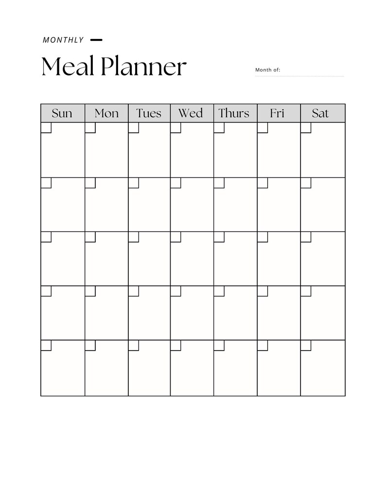 Monthly Meal Planner, Printable Minimalist Meal Organizer, PDF Instant ...