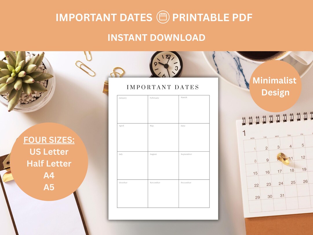 Important Dates Printable, PDF Instant Download, Minimalist Calendar ...