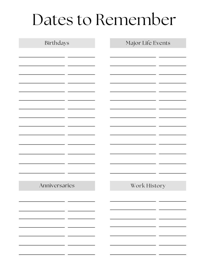 Important Dates Printable, Birthday & Anniversary Organizer, Dates to ...