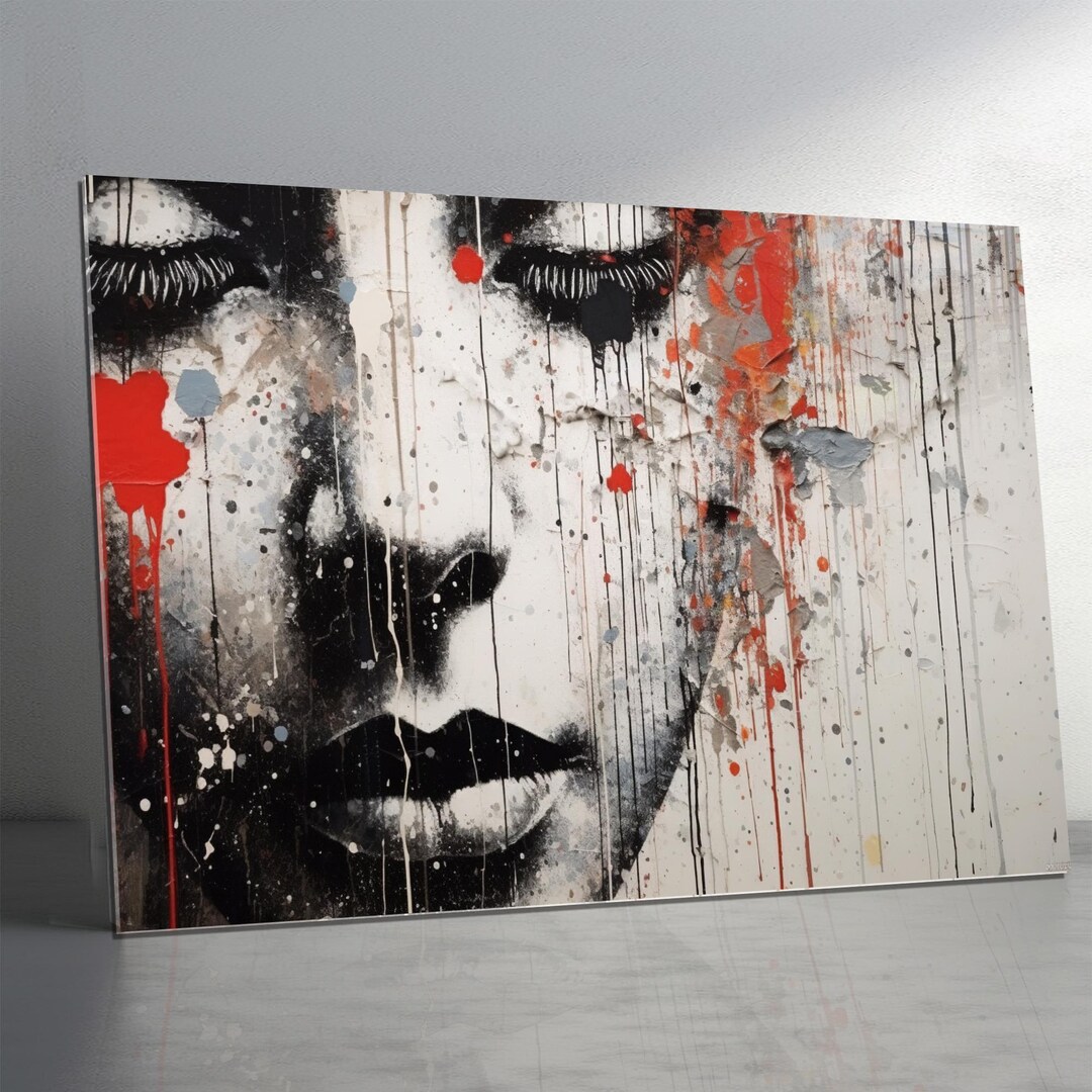 Banksy Style Woman Face Tempered Glass Wall Art - Dramatic Splatter Red ...