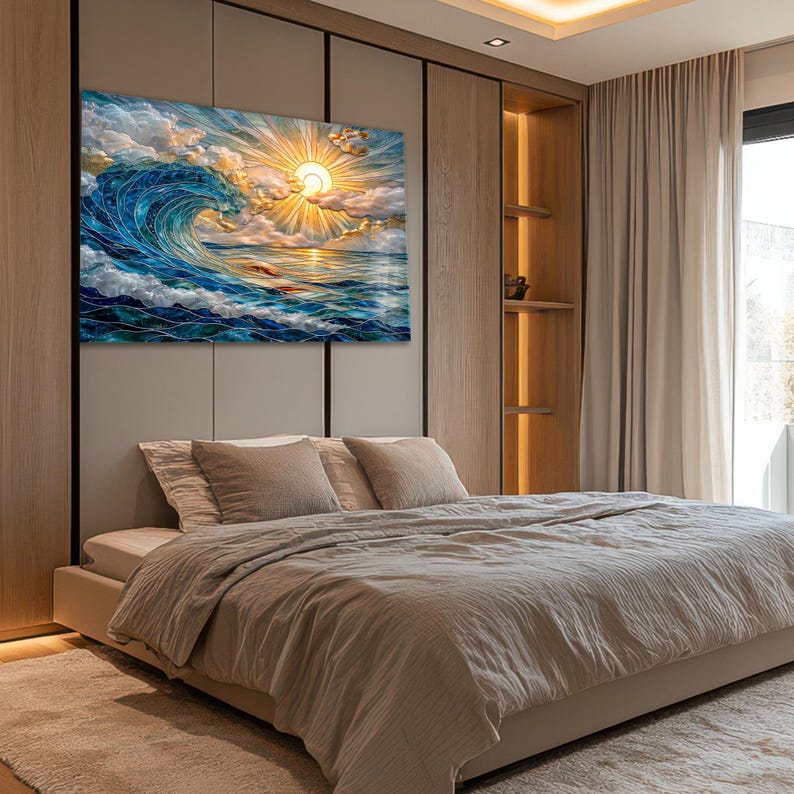 Tempered Glass Wall Art Ocean Wave Sunburst, Extra Large Stained Glass ...