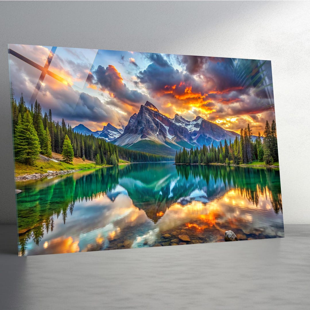 Tempered Glass Wall Art, Mountain Lake Landscape, Stained Glass Style ...
