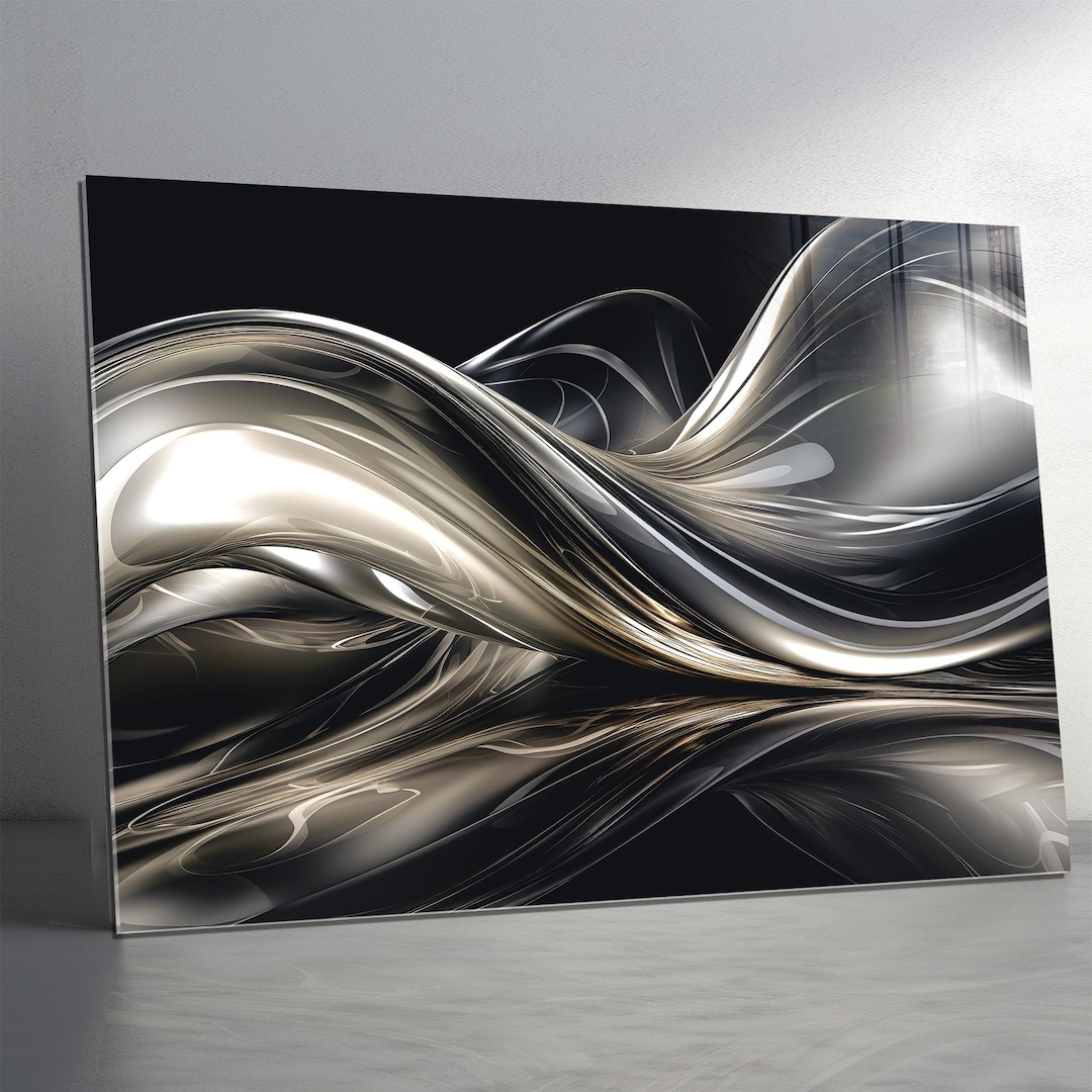 Metallic Flow Tempered Glass Wall Art – Silver Black Beige Abstract ...