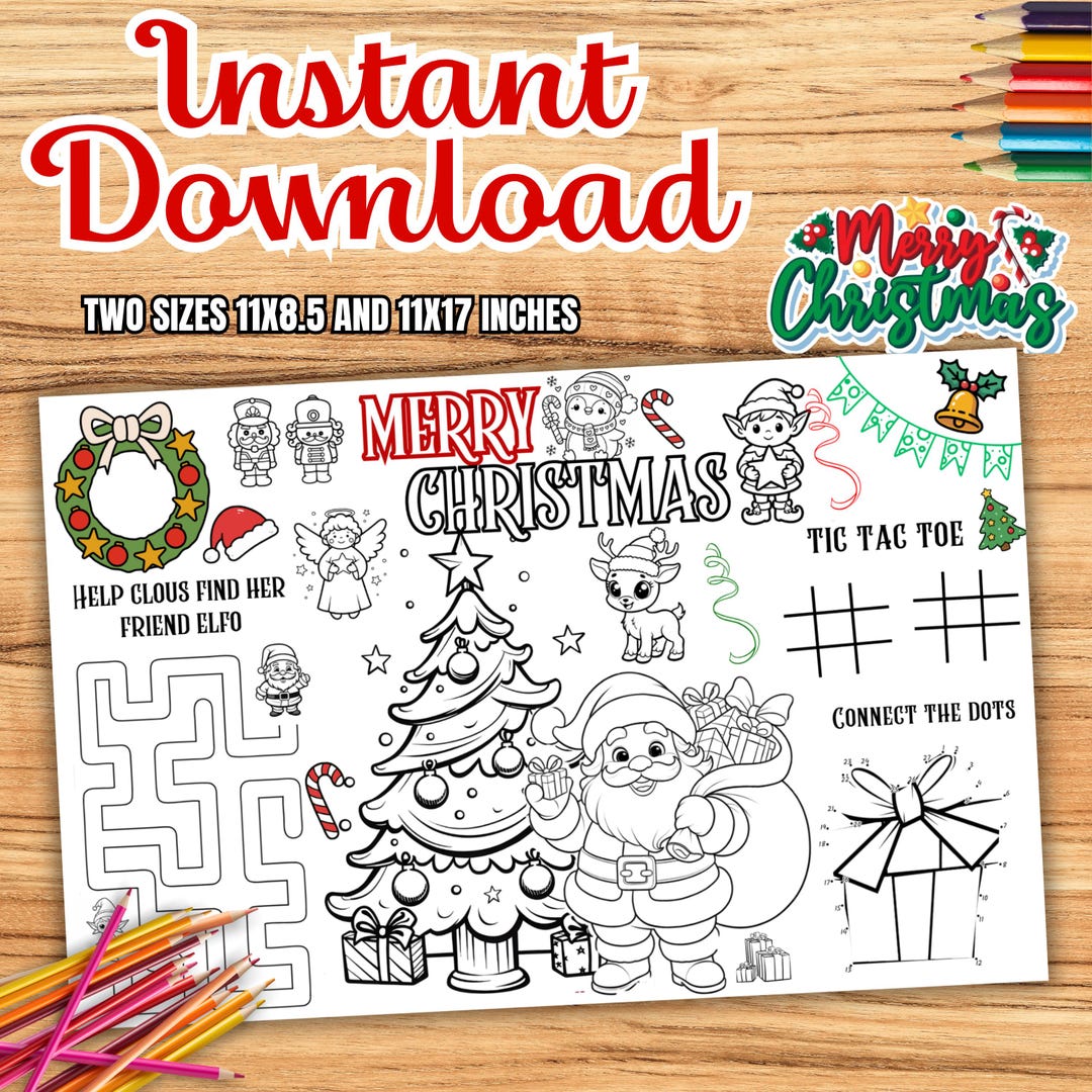 Merry Christmas Placemat Coloring Page, Xmas Holiday Party Activity ...