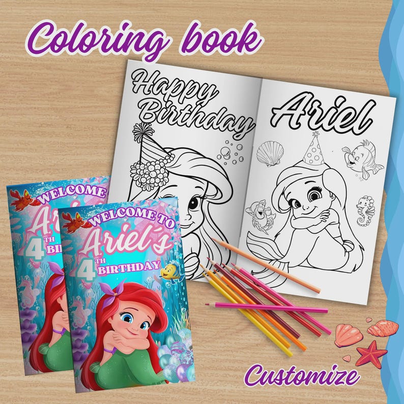 Editable Ariel Coloring Book, Little Mermaid Party Favors (digital ...