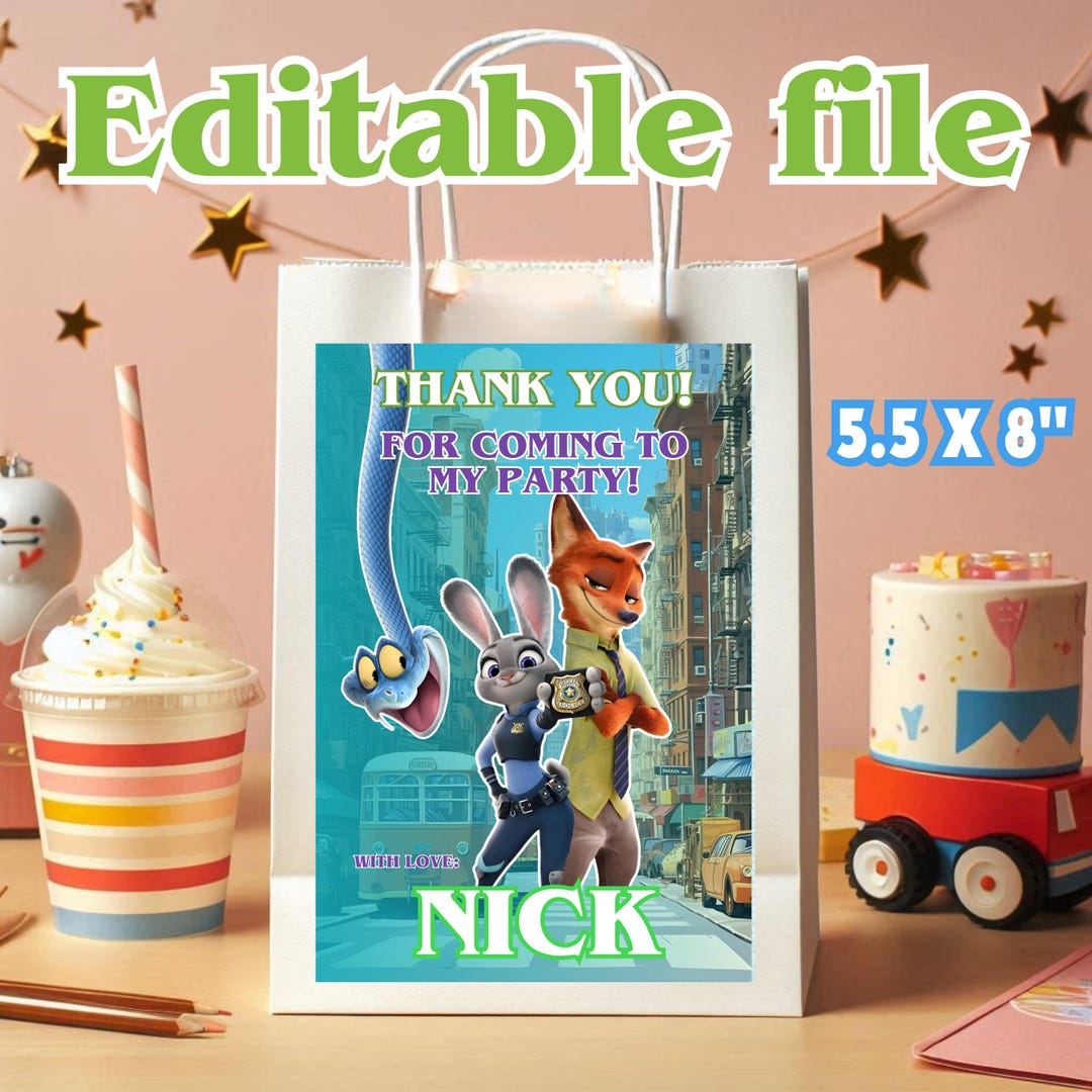 Editable Zootopia2 Gift Bag Tags, Zootopia Theme Party Favor Bags ...
