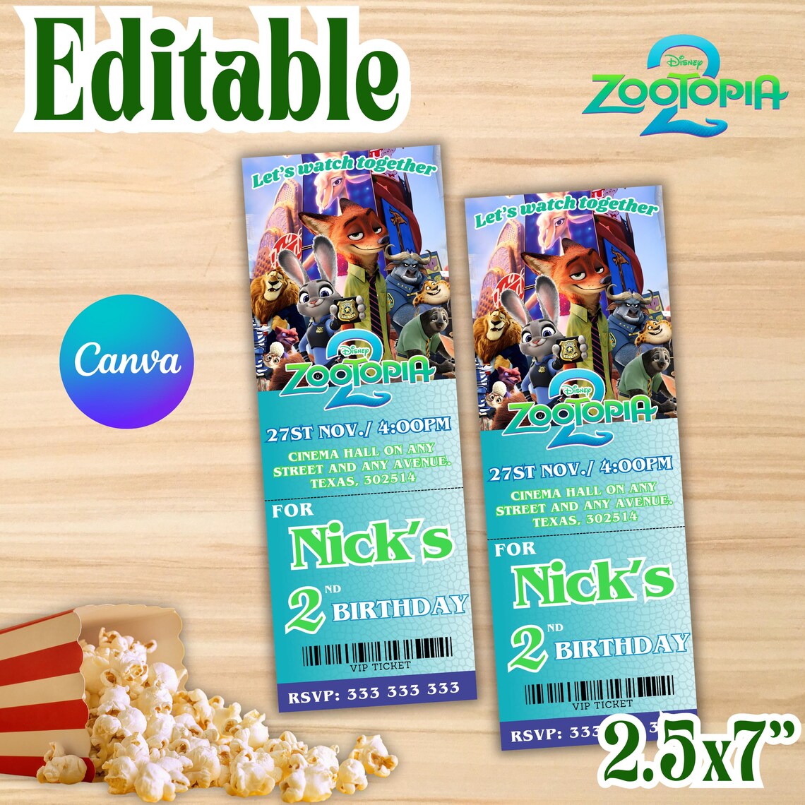 Zootopia 2 Birthday Ticket Invitation, Printable, EDITABLE DIGITAL FILE ...