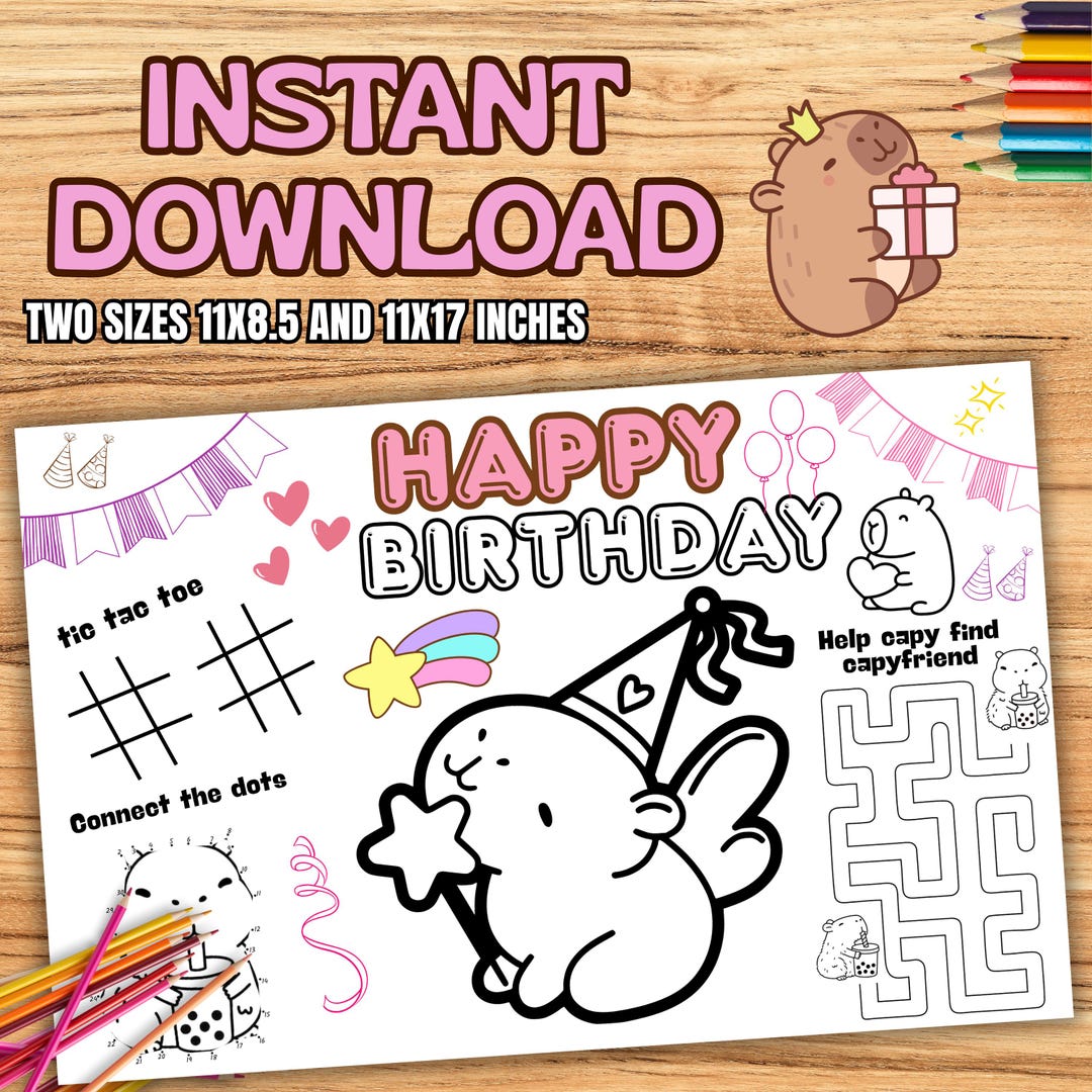 Capybara Girl Birthday Coloring Placemat, Capybara Party Activity (PDF ...