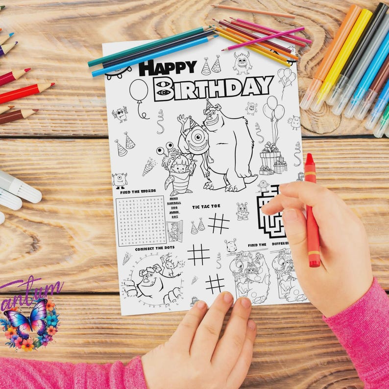 Monsters Birthday Placemat Coloring Page, Party Activity (digital ...