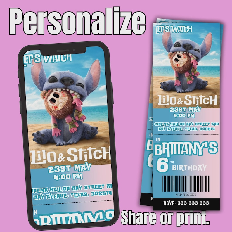 Stitch Ticket Invitation, Lilo & Stitch Birthday Invite, Lilo and ...