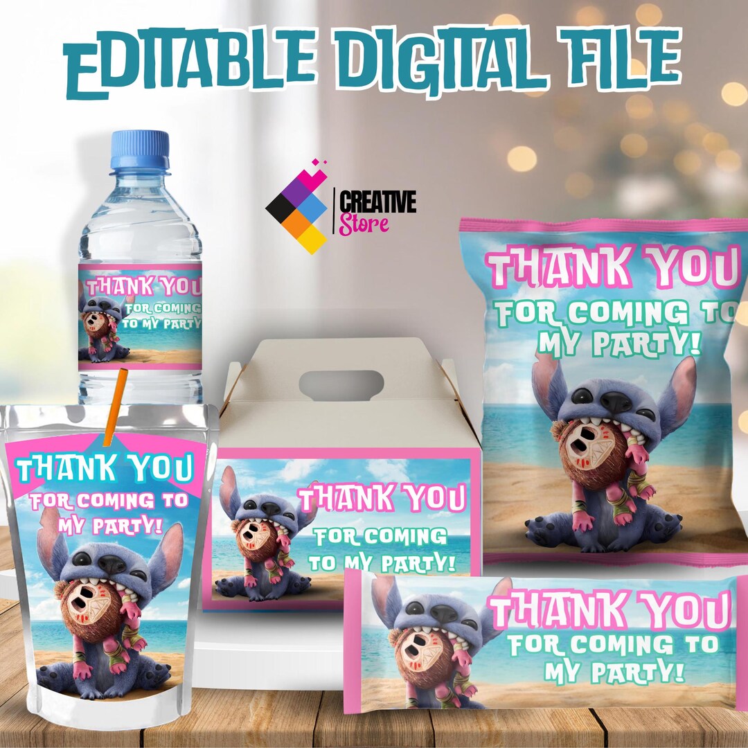 Lilo & Stitch Party Favor Wrappers, Gable Box, Bottle Label (digital ...