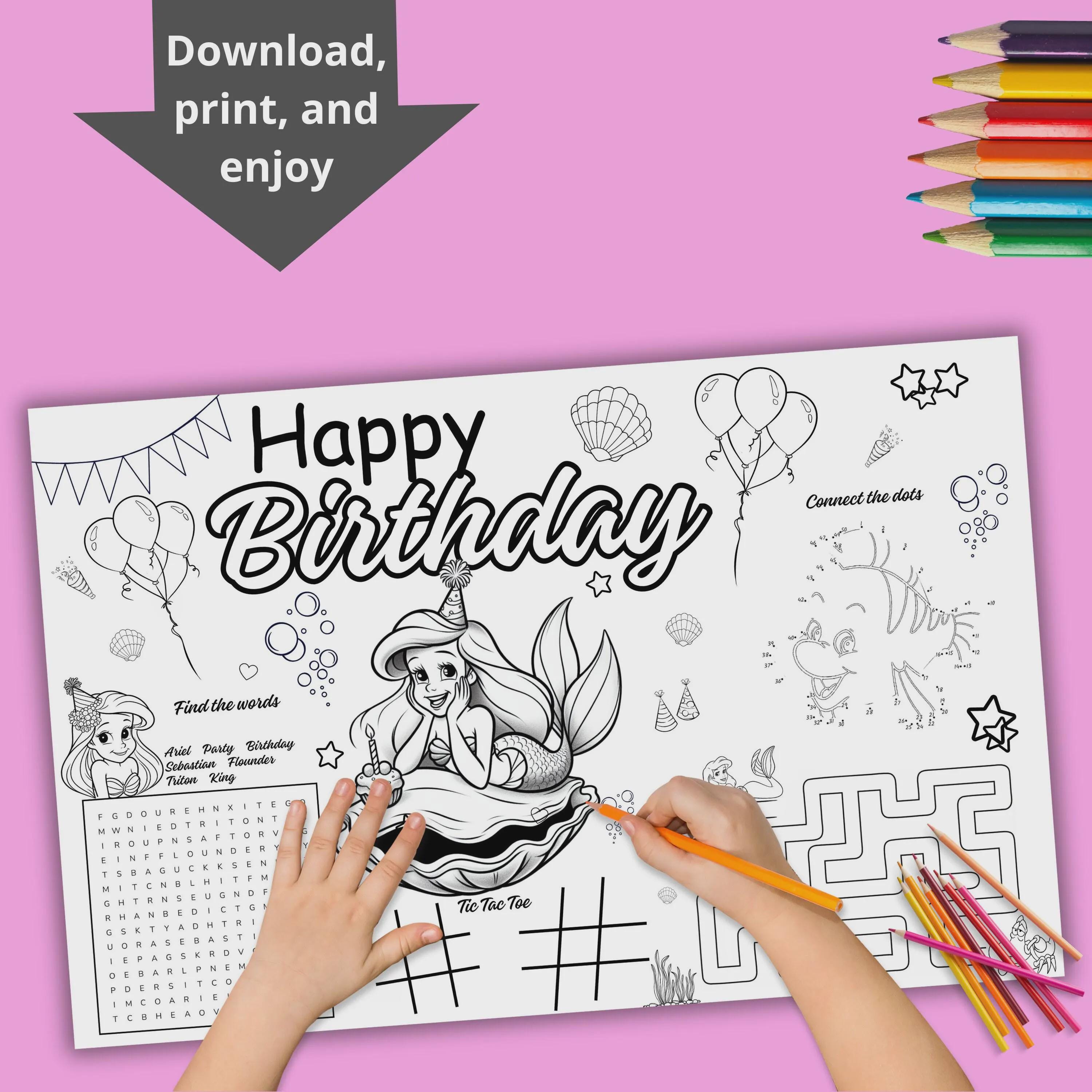 Little Mermaid Birthday Coloring Placemat, Party Activity (digital ...