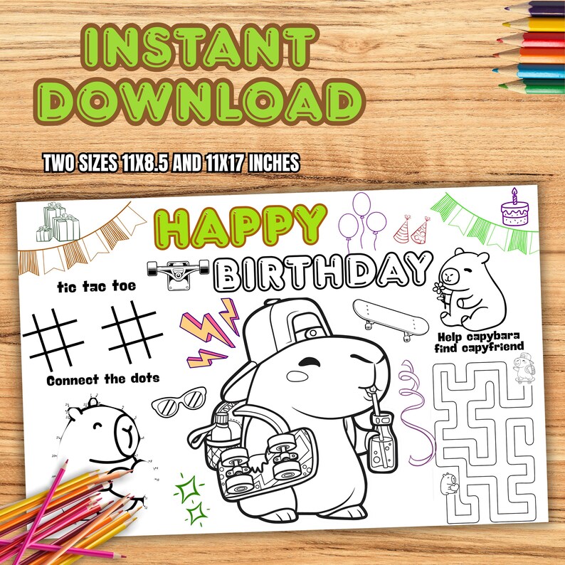 Capybara Boy Birthday Coloring Placemat, Capybara Christmas Party ...