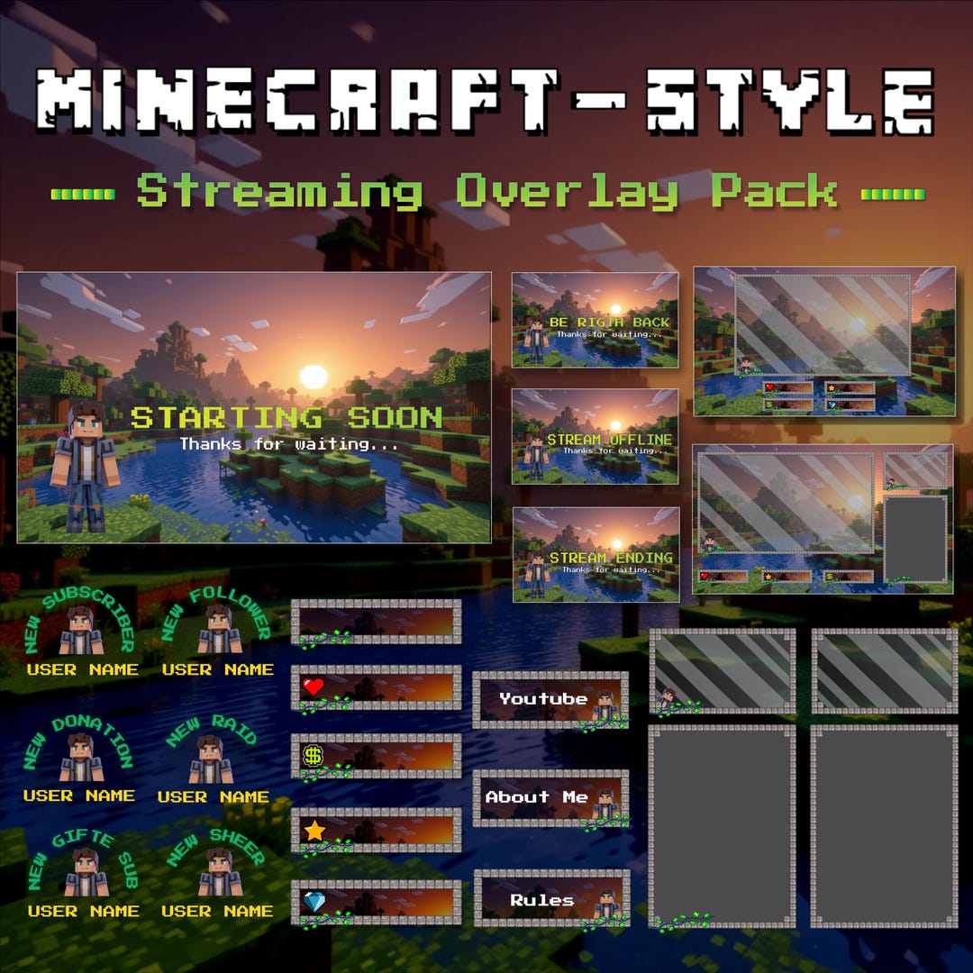 Minecraft-style Streaming Overlay Pack | Streaming Pack | OBS Overlay ...