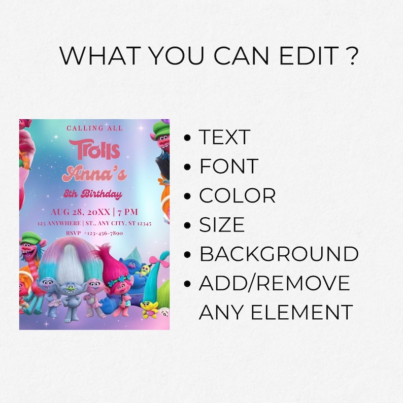 Editable Trolls Birthday Invitation: Poppy Party Invite (5x7 Inch ...