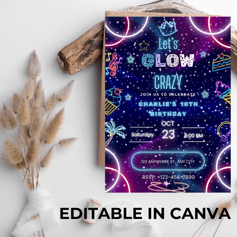 Neon Glow Birthday Invitation: Editable Canva Template (5x7 Inch ...