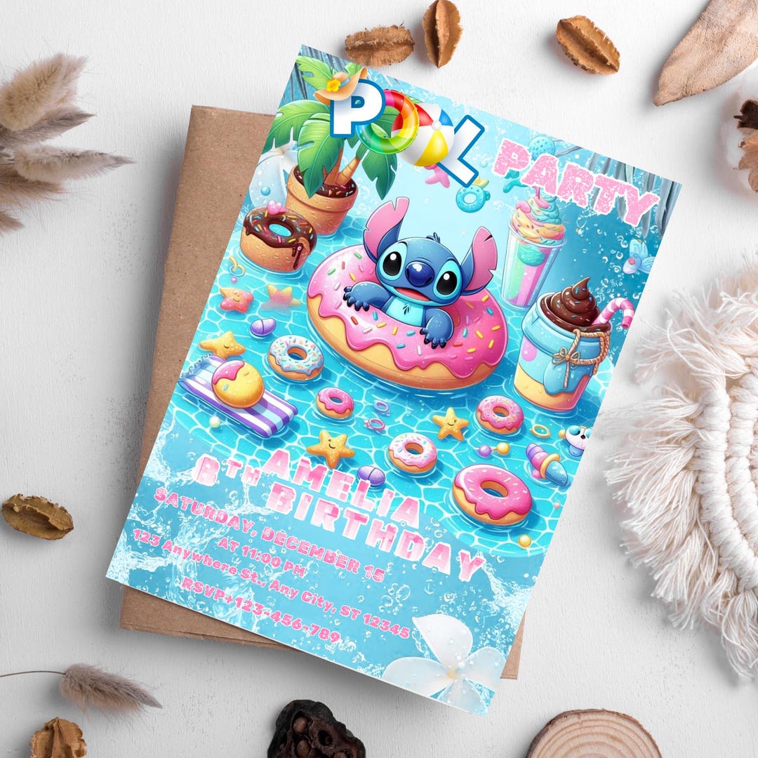 Stitch Pool Party Invitation: Editable Summer Beach Birthday (canva ...