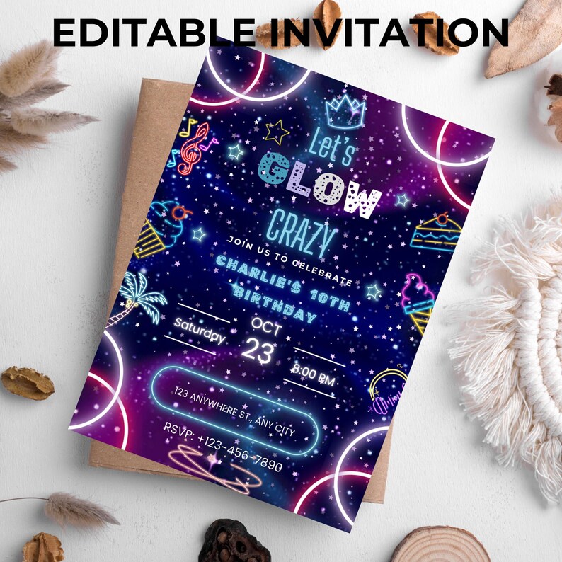 Neon Glow Birthday Invitation: Editable Canva Template (5x7 Inch ...